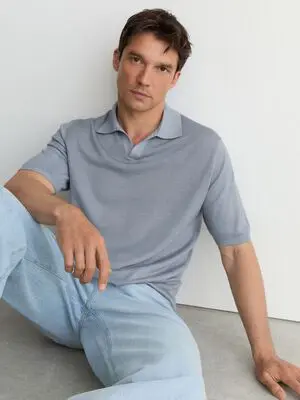 REISS Pigt-dyed Merino Wool Open-collar Polo Shirt - Soft Blue