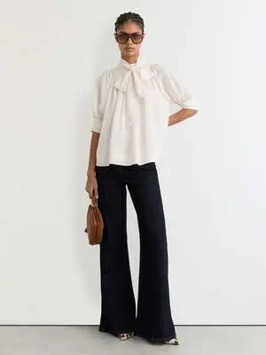 REISS Tie-neck Short-sleeve Blouse - Ivory