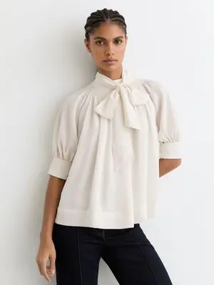 REISS Tie-neck Short-sleeve Blouse - Ivory