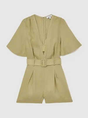 REISS Linen Short-sleeve Belted Playsuit