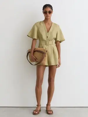REISS Linen Short-sleeve Belted Playsuit
