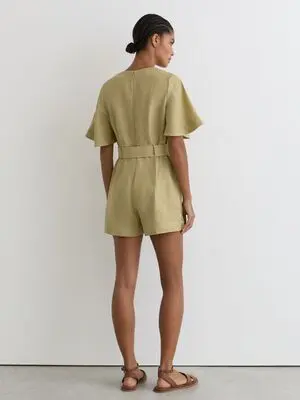 REISS Linen Short-sleeve Belted Playsuit