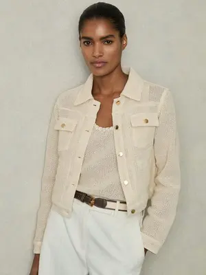REISS Cotton-blend Textured Trucker Jacket - Neutral