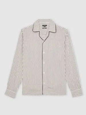 REISS White & Brown Stripe Cuban-collar Piped Shirt