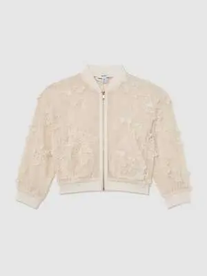 REISS 3-9 Yrs Floral-embroidery Lattice Bomber Jacket - Neutral
