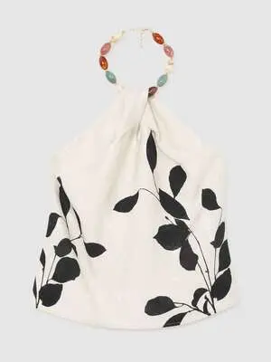 REISS Jacquard Printed Beaded-halterneck Top - Ivory/black