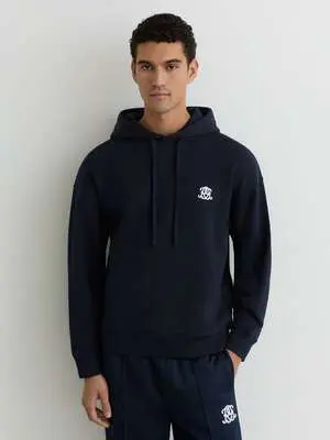 REISS Monogram Embroidered Relaxed Hoodie - Navy