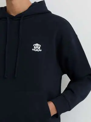 REISS Monogram Embroidered Relaxed Hoodie - Navy