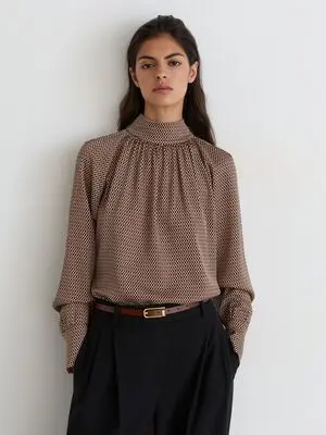 REISS Geometric-print Tie-neck Blouse