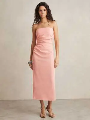 REISS Ruched Strapless Bodycon Midi Dress - Pink