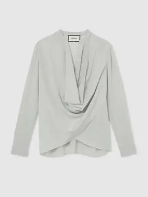 REISS Matte Silk Draped Shirt - Grey