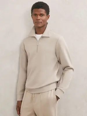 REISS Premium Interlock Half-zip Polo Sweatshirt - Stone