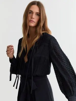 REISS Embroidered Long-sleeve Belted Playsuit - Navy