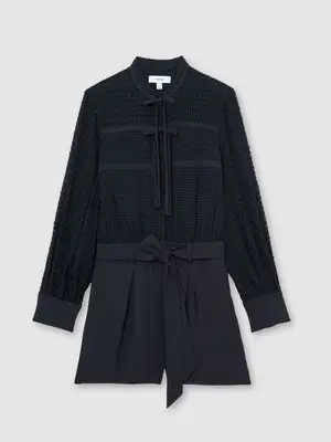 REISS Embroidered Long-sleeve Belted Playsuit