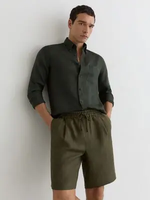 REISS Barges Linen Drawstrings Thyme Green