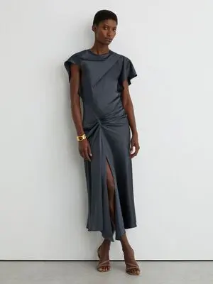 REISS Satin Drape-detail Midi Dress Dark Grey
