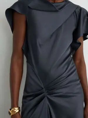REISS Satin Drape-detail Midi Dress - Slate Grey