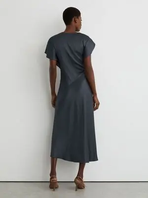 REISS Satin Drape-detail Midi Dress - Slate Grey
