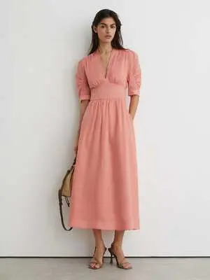 REISS Short-sleeve Waisted Midi Dress - Pink
