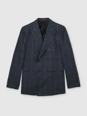 REISS Linen Check Double-breasted Tailored-fit Blazer
