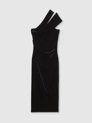 REISS Dalia One-shoulder Ruched Velvet Midi Dress - Black