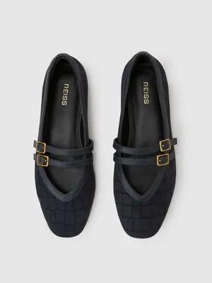REISS Suede Croc-embossed Ballet Flats - Navy