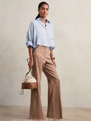 REISS Linen Oversize Cropped Shirt - Blue