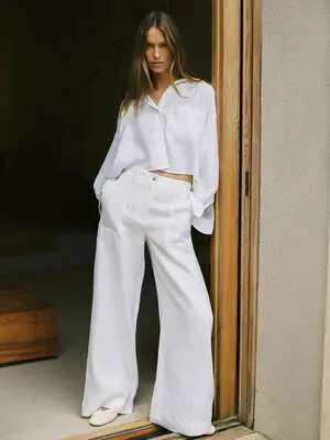REISS Linen Oversize Cropped Shirt - White