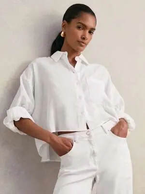 REISS Linen Oversize Cropped Shirt - White