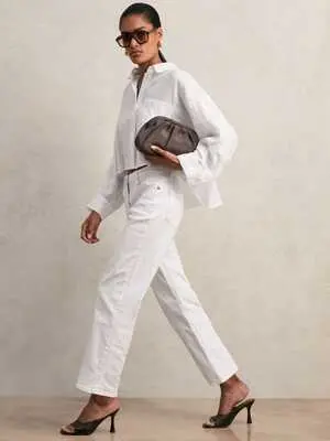 REISS Linen Oversize Cropped Shirt - White