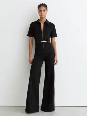REISS Wide-leg Zip-through Denim Jumpsuit - Black