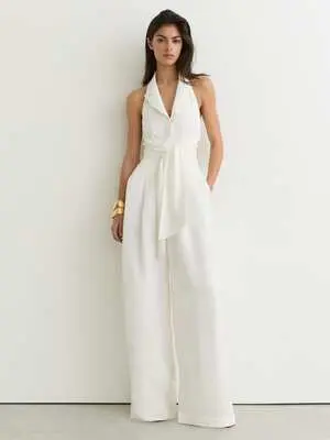REISS Tie-front Wide-leg Jumpsuit With Linen - Cream