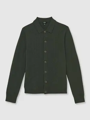 REISS Wool V-stitch Button-through Cardigan - Forest Green