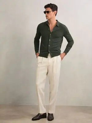 REISS Wool V-stitch Button-through Cardigan - Forest Green