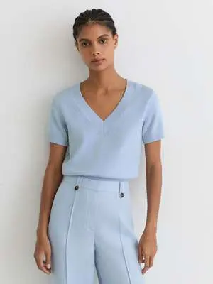 REISS Cotton-wool Knit V-neck Top - Soft Blue