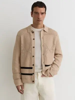 REISS Crochet-knit Button-through Jacket - Stone