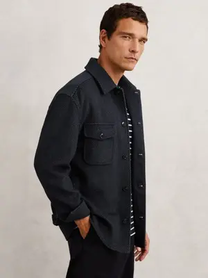 REISS Wool-blend Herringbone Overshirt - Navy