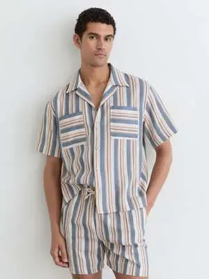 REISS Red & Stone Striped Cuban-collar Shirt - Blue/ecru