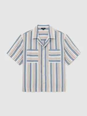 REISS Red & Stone Striped Cuban-collar Shirt - Blue/ecru