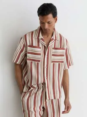 REISS Red & Stone Striped Cuban-collar Shirt - Red/stone