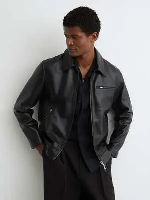 REISS Leather Zip-through Jacket - Black