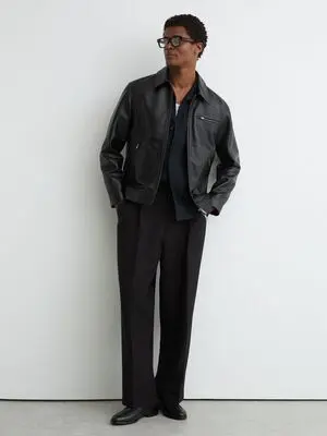 REISS Leather Zip-through Jacket - Black