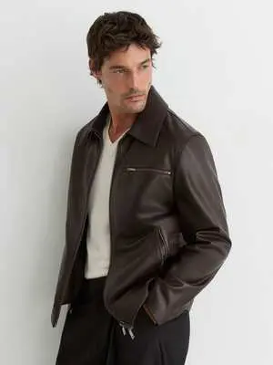 REISS Leather Zip-through Jacket - Brown