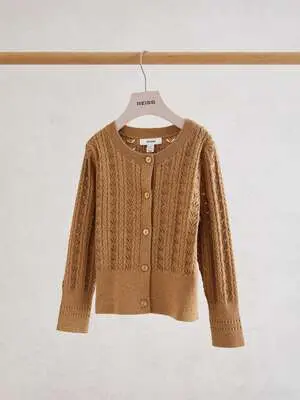REISS 3-9 Yrs Cotton And Wool Blend Pointelle Cardigan - Bronze