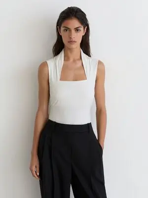 REISS Square-neck Ruched Sleeveless Top - White