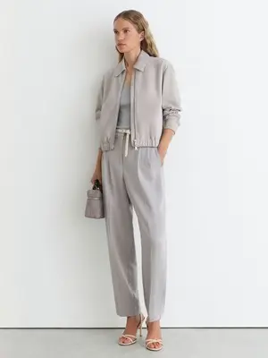 REISS Lottie Petite Cropped Bomber Jacket - Light Grey