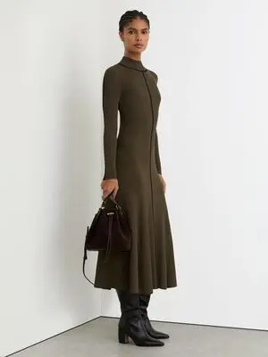 REISS Knitted Petite Contrast Stitch Midi Dress - Khaki
