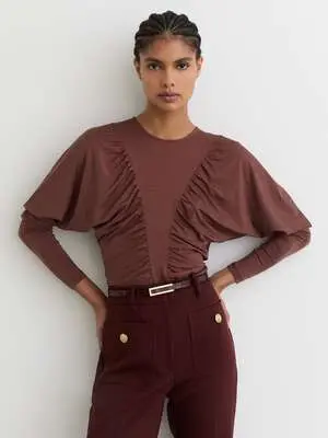 REISS Ruched Jersey Long-sleeve Top - Rust Red
