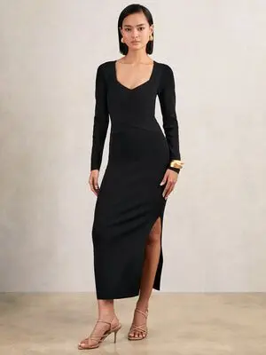 REISS Knitted Wrap Front Midi Dress - Black