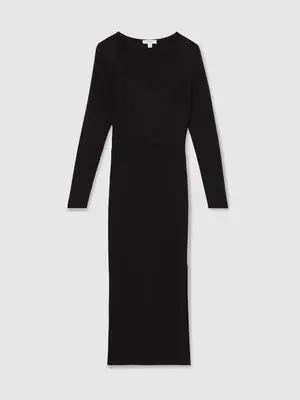 REISS Knitted Wrap Front Midi Dress - Black